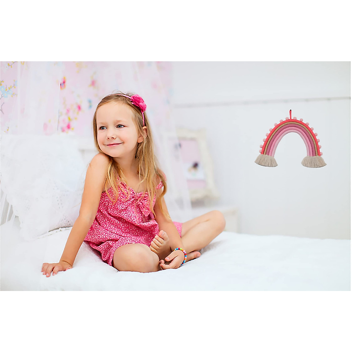 Macrame Pastel Rainbow with Pompoms and Tassels, Wall Hanging Accent for Girls, Boho Kid Room Decor, Adorable Baby Shower or Awesome Birthday Gift Pink, 14x11 inches