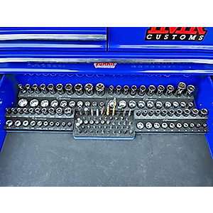 ToolGear Socket Organizer, Easy to Read Size labels, 80 sockets w/added 50 hex bit holder, both deep & standard sockets, metric & standard, 3/8 and 1/4 inch drive socket holder, tool organizer trays