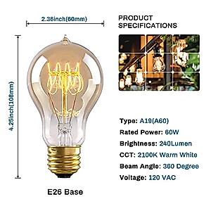 4-Pack Edison Light Bulb, 60 Watts, A19 Vintage Incandescent Light Bulbs, Dimmable Old Fashioned E26 Incandescent Light Bulbs, 240 Lumens, 2100K Warm White, Amber Glass
