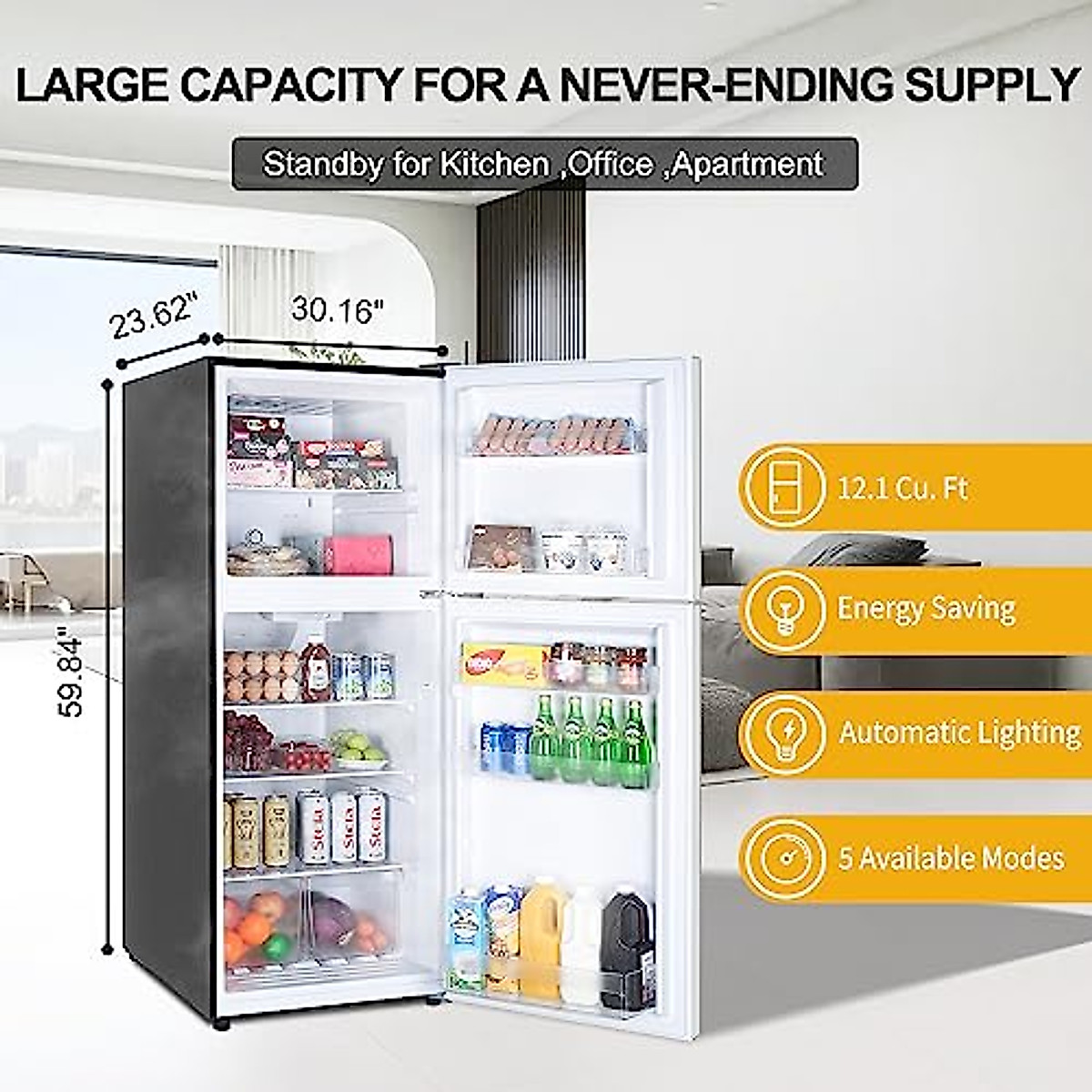 Frestec 12.1 CU' Refrigerator with Freezer, Apartment Size Refrigerator Top Freezer, 2 Door Fridge with Adjustable Thermostat Control, Freestanding, Door Swing, Stainless Steel (FR 1202 SL)