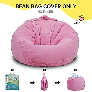 LUCKYBOY Kids Stuffed Animal Storage Bean Bag Chair without Filling,Cozy Faux Fur Beanbag Cover for Kids Gift, Pink Girls Bean Bag,Plush Toys Holder and Organizer