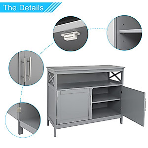 Double Door Sideboard Buffet Cabinet, Kitchen Storage Sideboard Coffee Bar Cabinet with Adjustable Shelf, Wooden Cupboard Console Table Curio Cabinet with Open Shelf for Kitchen Living Room, Grey