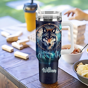 Foxcorner Personalized Wolf Tumbler 40oz with Handle & Straw - Great Wolf Dreamcatcher Gifts - Animal Lover Gifts for Men Women on Birthday Christmas - Custom Name Stainless Steel Travel Coffee Cup