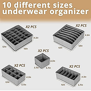 10 Pack Drawer Organizers Divider Fabric Foldable Storage Bins for Storing Bra Ties Lingerie Sock Panty Belts Clothes Scarves (10 Pack Grey)