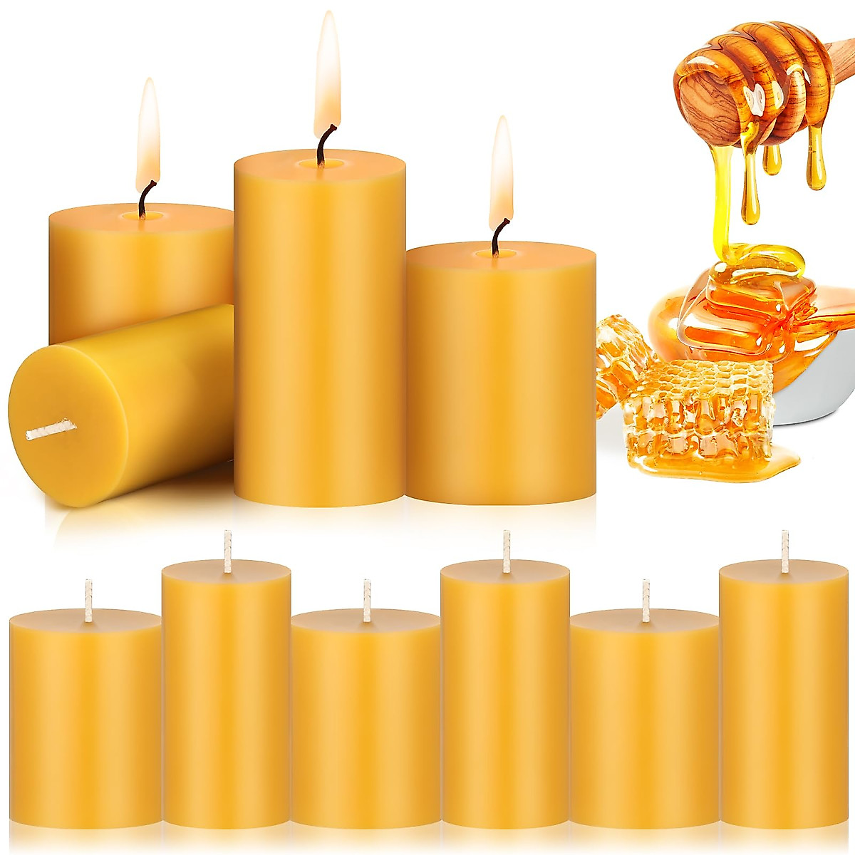 Threlaco 10 Pcs Pure Beeswax Candles Set Natural Unscented Beeswax Pillar Candle 2.4 x 3 Inch 2 x 4 Inch Smokeless Bees Wax Candles Long Burn Time Scentless Candles for Prayer Decoration Home Relax