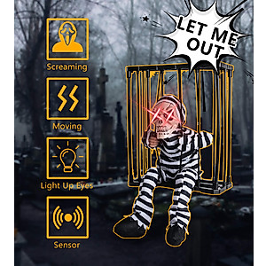 CRILEAL Skeleton Animated Halloween Decorations, Screaming Halloween Decor with Motion Activated & Light Sensor, Spooky Prisoner Cage with Spider Web Haunted House Decorations, Ghost with Hat
