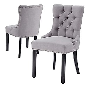 Kingfun Dining Chairs Set of 2, Upholstered Tufted Kitchen & Dining Room Chairs, Modern Accent Chairs Side Chair for Dinner Table/Waiting, Padded Nailhead Fabric Parson Chair(Solid Wooden, Light Grey)