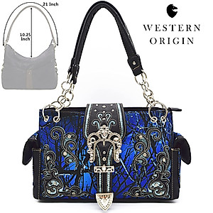 Camouflage Crown Buckle Western Style Purse Floral Shine Glow Country Handbag Women Shoulder Bag Crossbody Wallet Set (Blue)