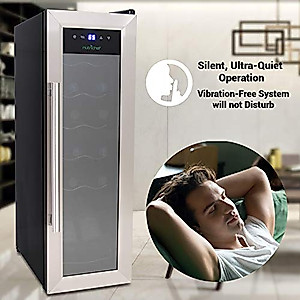 NutriChef PKCWC12 12 Bottle Cooler Refrigerator White and Red Countertop Chiller, Freestanding Compact Mini Wine Fridge with Digital Control, Stainless Steel