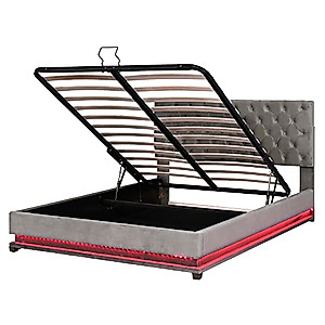 OPTOUGH Queen Size Storage Upholstered Platform Bed Frame with Adjustable Tufted Headboard and LED Light, Gray