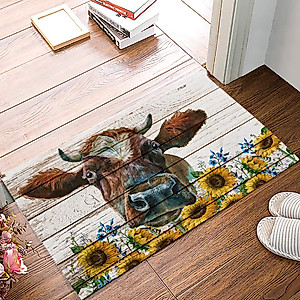 Doormat Bath Rugs Non Slip Farm Style Blooming Sunflowers and Cow Wood Board Grain Washable Cover Floor Rug Absorbent Carpets Floor Mat Home Decor for Kitchen Bathroom Bedroom (16x24)