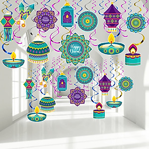54 Pcs Diwali Party Decorations, Happy Diwali Party Hanging Swirls Deepavali Ceiling Decor Foil Double Spiral Lights Rangoli Hanging Swirls Decor for Home Indian Party Supplies
