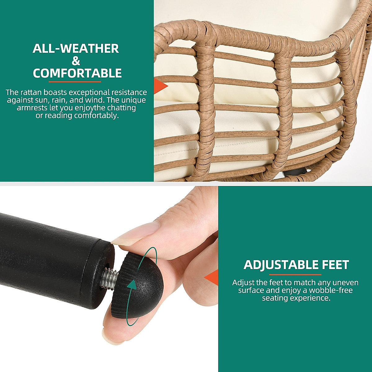 YITAHOME Outdoor Narrow Egg Chair, Patio Wicker Basket Chair with 370lbs Capacity Indoor Egg Chairs with Stand & Cushion Cocoon Chair for Bedroom, Patio, Balcony (Beige)