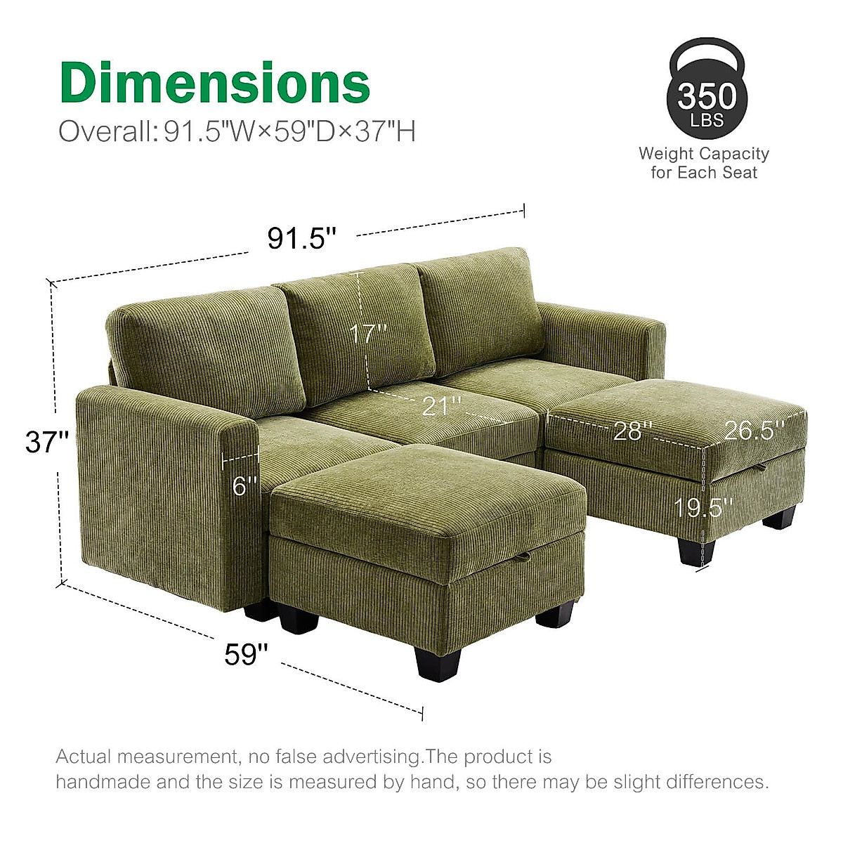 ABCASA Luxury Modular Sectional Sofa w/Storage Seat, 92" U Shaped Modular Couch with Reversible Chaise,5 Seater Sofa for Living Room, Apartment, Compact Spaces - Corduroy Green
