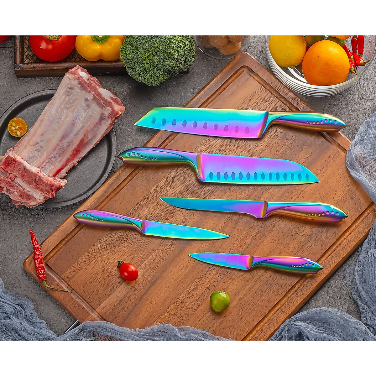 WELLSTAR Rainbow Knife Set 5 Piece, Razor Sharp German Stainless Steel Blade with Iridescent Titanium Coated, Kiritsuke Santoku Boning Utility Paring for Kitchen Cutting Dicing Filleting and Peeling