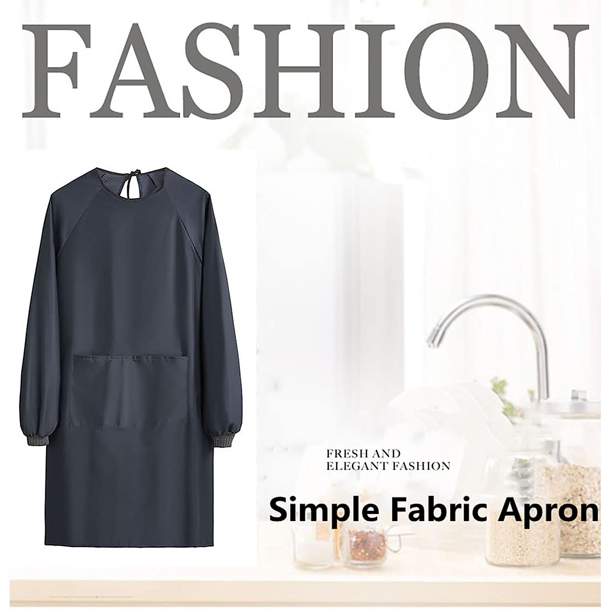 NAN Wind Solid Color Kitchen Apron with Pockets,Unisex Long Sleeves Waterproof Apron for Cooking Baking Cleaning Work,Black Chef Aprons Kitchen Cooking Apron BBQ Grill Gift for Dad Men Women