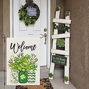 CROWNED BEAUTY St Patricks Day Garden Flag 12x18 Inch Double Sided for Outside Small Burlap Green Shamrocks Clovers Lucky Welcome Yard Holiday Flag CF725-12