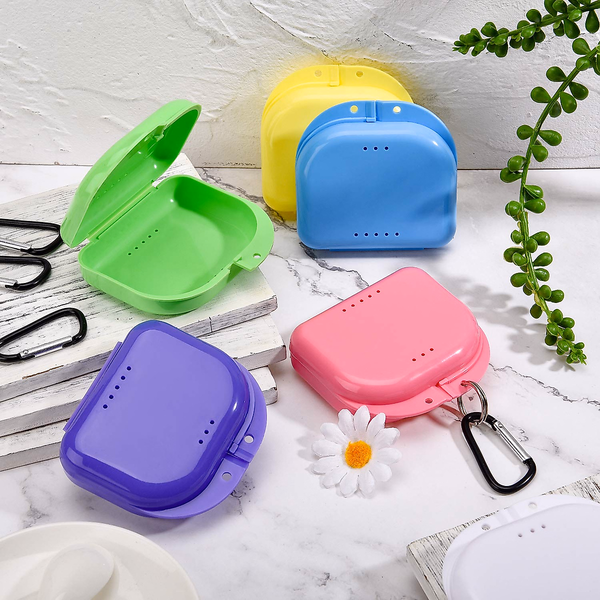 6 Pieces Retainer Cases Mouth Guard Container Case Multicolor Orthodontic Denture Storage Boxes with D-Shaped Buckles and Keychain Rings