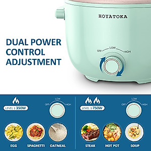 Hoyatoka Electric Hot Pot, 2L Portable Non-Stick Electric Cooker with Steamer, Mini Electric Pot Ramen Cooker for Sauté, Stir Fry, Steak, Eggs, Oatmeal, Ramen, Soup for Dorm, Office, Green