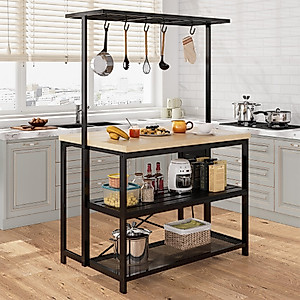 47" Large Kitchen Island Table Bakers Rack with Power Outlet and 3-Tier Storage-Microwave Stand Oven Shelf, Metal Coffee Bar Table ,Kitchen Storage Shelf for Dining Living Room, 5 Hooks，47"*28"*72"