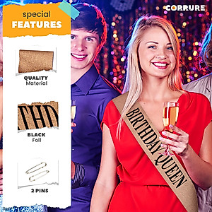CORRURE 'Birthday Queen' Sash Glitter with Black Foil - Rose Gold Glitter Happy Birthday Sash for Women - Party Favors Supplies and Decorations for Sweet 16, 18th 21st 30th 40th or Any Bday Party