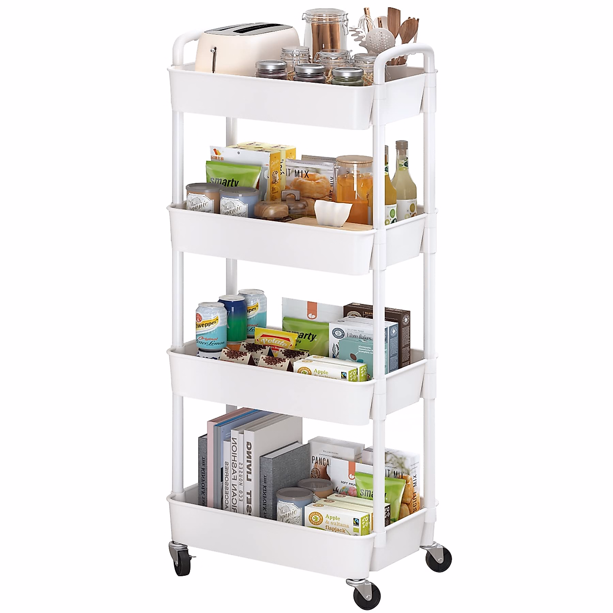Sywhitta 4-Tier Plastic Rolling Utility Cart with Handle, Multi-Functional Storage Trolley for Office, Living Room, Kitchen, Movable Storage Organizer with Wheels, White