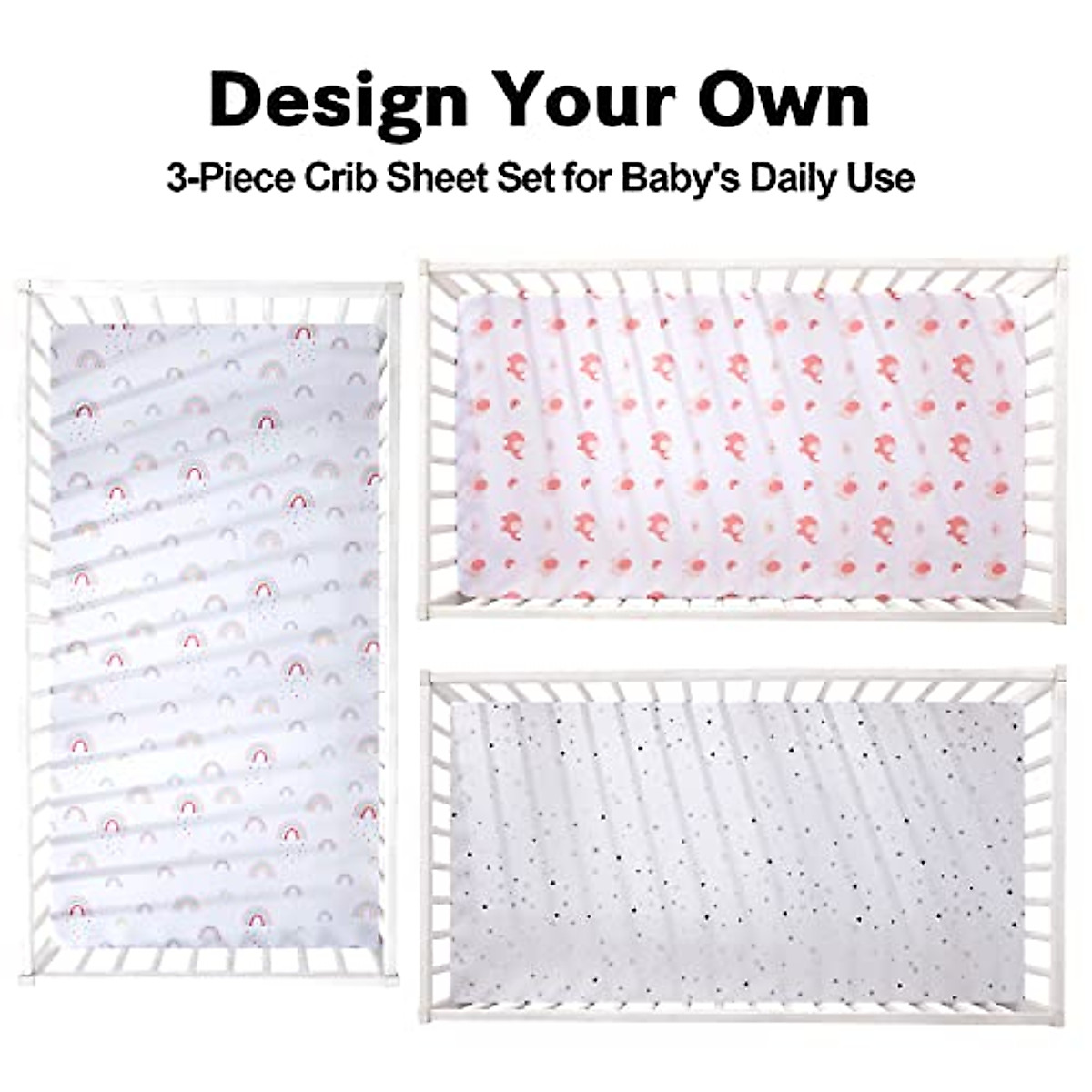 Plushii Crib Sheets for Baby Girls 3 Pack, 28"x 52" Extra Soft Microfiber Crib Sheet Set for Baby Crib Mattress Sheet & Toddler Mattress Pad, Rainbow & Elephant & Stars