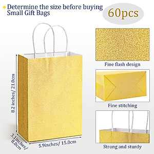 60 Pcs Small Gift Bags Valentines Day Paper Gift Bags Glitter Kraft Bag Reusable Gift Bag with Handle Bridal Shower Favor Bags Bulk Goodie Bags for Wedding, Birthday, Bridesmaids,8.2*5.9*3.1 (Gold)