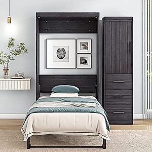 BIADNBZ Twin Size Murphy Bed with Wardrobe and Drawers Storage, Modern Wooden Storage Platform Bedframe Folded into Cabinet for Bedroom/Guest Room Dorm, Gray