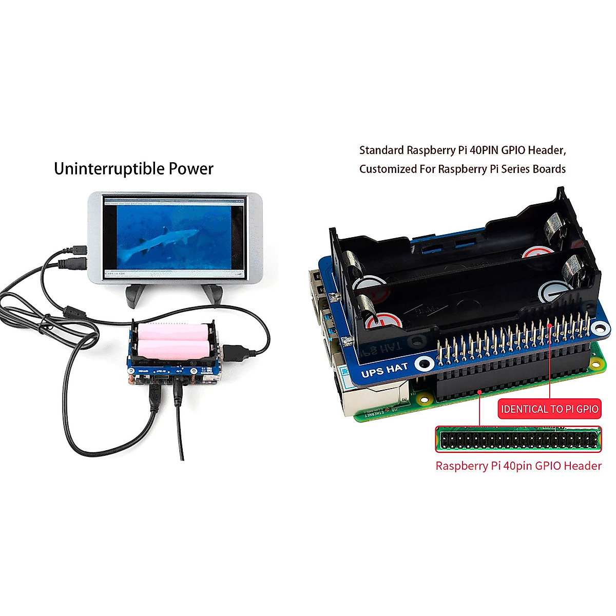 Uninterruptible Power Supply UPS HAT for Raspberry Pi Series Boards(Raspberry Pi 4 Model B/3B+/3B) Charge and Power Output at The Same Time,Multi Battery Protection Circuits