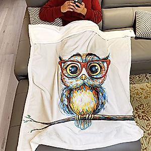 YISUMEI Oil Painting Owl Blanket, Perched on a Branch with Red Glasses, Warm and Soft Suitable for All Season, 50"x60"