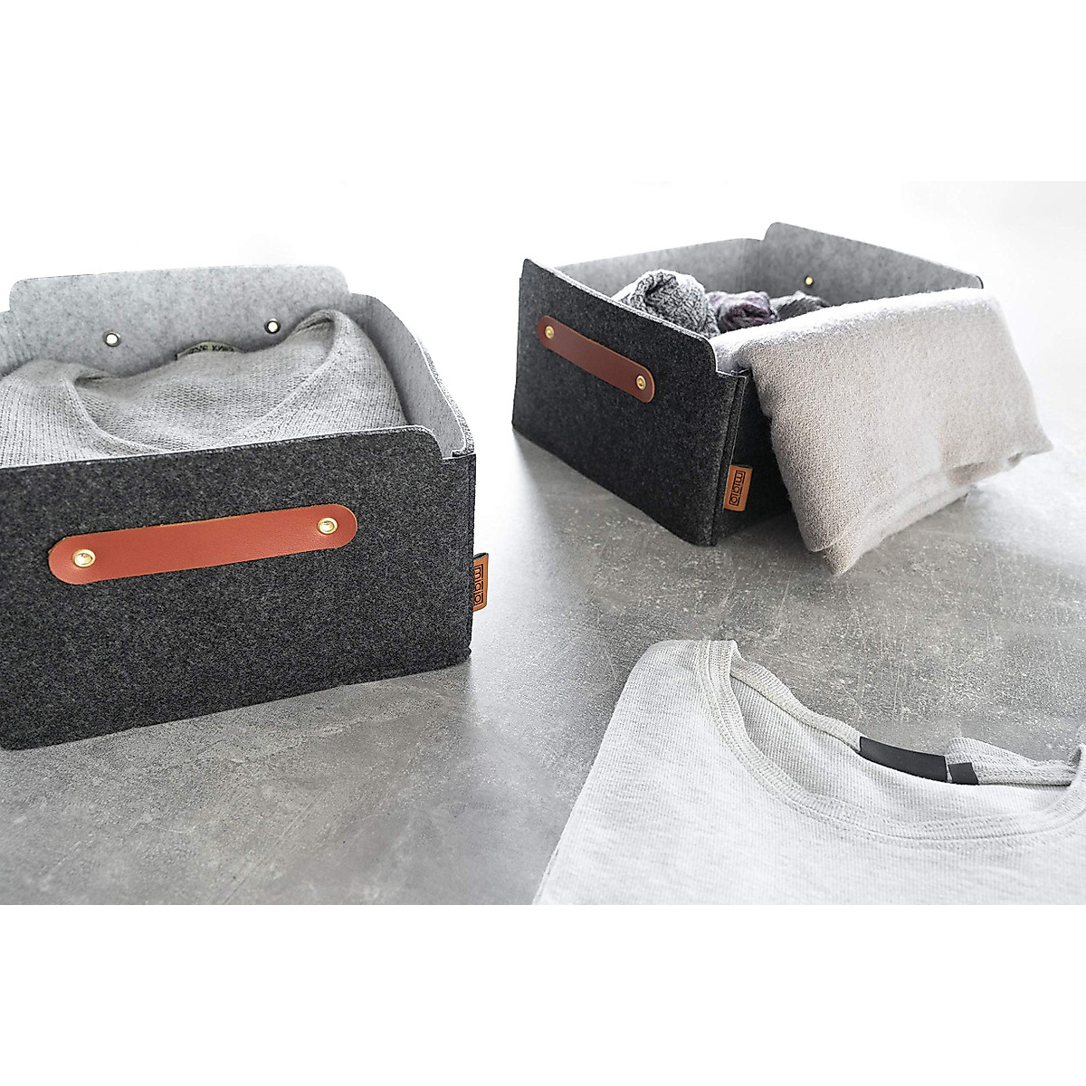 Miqio Storage Bin for Shelves | Felt and Leather | Set of 4 Boxes 12x10x6 | Rectangle Closet Baskets Foldable Box with Handles, Gray Storage Bins, Storage Boxes for Home Office Car Dormroom