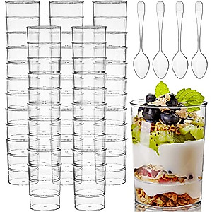 Okllen 100 Pack Mini Dessert Cups with Spoons, 3 Oz Round Shot Cups Plastic Dessert Shooters, Appetizer Parfait Cups Shot Glasses for Chocolate Desserts, Ice Cream, Puddings, Tasting Party