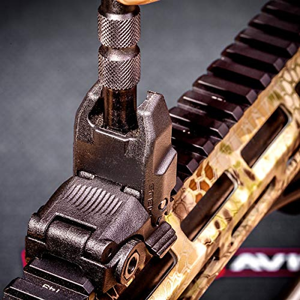 Real Avid Front Sight Adjuster: universal tool for adjusting A1 and A2 Type Front Sights (4-prong and 5-prong BUIS), Black/Tan