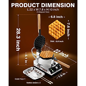 PYY Bubble Waffle Maker - Commercial Egg Puff Waffle Iron Machine, 1500W 122-482℉ Electric Stainless Steel Hong Kong, 30 Egg Cones | 180° Rotating| Black Non-stick Coating | Crumb Tray | Wooden Handle