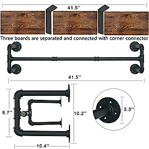 Crehomfy Industrial Pipe Clothes Rack with Top Shelf and 3 Hooks, 41''L Wall Mounted Garment Rack, Heavy Duty Iron Garment Bar, Clothes Hanging Rod Bar, 4 Base Max Load 135Lb Black