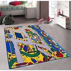 Kids/Baby Room/Daycare/Classroom/Playroom Construction Vehicles Truck Toys Play Mat with Train Tracks, Mini Engineering Diecast Trucks Pull Back Cars, Toy Trucks for Toddlers, Kids (5 Feet X 7 Feet)