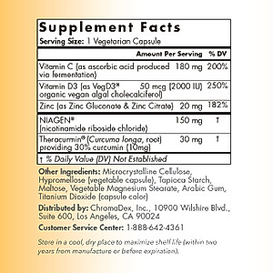 TRU NIAGEN Immune Support Supplement - Daily Defense - Vitamin C from Fermentation, Vegan Vitamin D3 2000 IU, Zinc, Plus Theracurmin (Curcumin) + Multi Award-Winning NAD Boosting Niagen 150mg 30ct