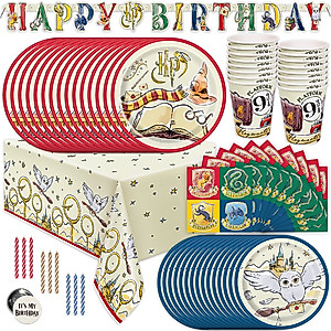Harry Potter Birthday Decorations Kit | Harry Potter Birthday Party Supplies | With Harry Potter Table Cover, Banner, Dinner and Cake Plates, Napkins, Cups, Candles, Button | Serves 16