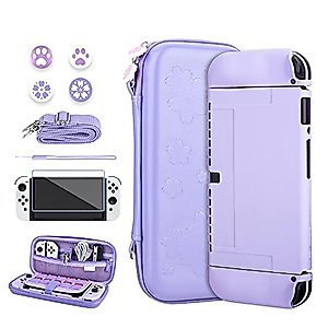 RHOTALL Solid Color with Sakura Embossing Carrying Case for Nintendo Switch OLED, Potable Case for Switch OLED with Soft Case, Screen Protector, 4 Thumb Caps, Wrist band and Shoulder strap - Purple