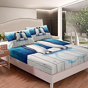 Couple Penguin Bedding Set Twin Size Antarctic Animals Bed Set for Girls Teens Bedroom Decor Kids Penguin Fitted Sheet Soft Microfiber Blue and White Bed Cover(1 Fitted Sheet+1 Pillow Case)