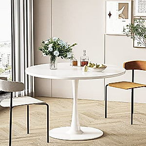 Recaceik Modern Round Dining Table, 42.1'' Tulip Table with MDF Table Top & Metal Pedestal Base for Dining Room Living Room Cafe w/ 0.71” Thickened Tabletop for 4-6 People, White