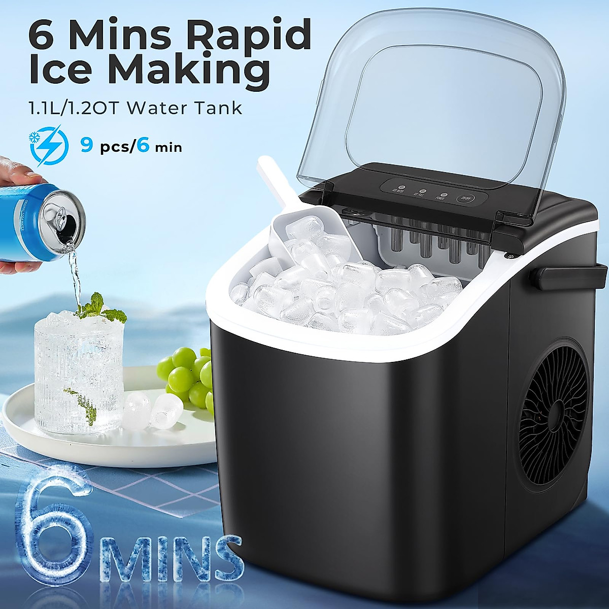 R.W.FLAME Ice Makers Countertop with Handle,26.5Lbs/24H,9 Cubes in 6 Mins,Portable Ice Maker Machine with Self-Cleaning,Ice Basket and Scoop,Perfect for Home, Kitchen, Bar, Camping(Black)
