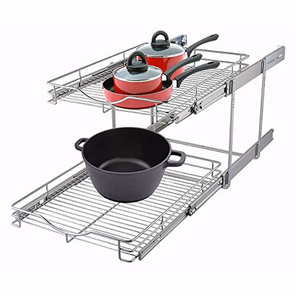 DINDON 2 Tier Pull Out Cabinet Organizer (11" W x 18" D) Heavy-Duty Metal Sliding Drawer Shelf, Two Tier Pull Out Shelves for Kitchen Cabinets, Pantry, Bathroom, Chrome Finish