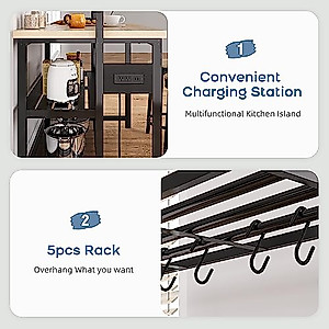 47" Large Kitchen Island Table Bakers Rack with Power Outlet and 3-Tier Storage-Microwave Stand Oven Shelf, Metal Coffee Bar Table ,Kitchen Storage Shelf for Dining Living Room, 5 Hooks, 47"*28"*72"