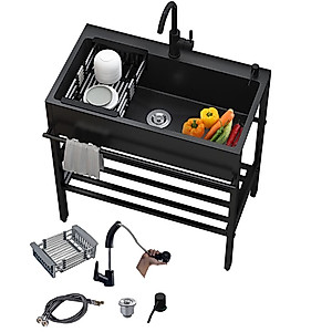 Stainless steel black utility sink, stainless steel, kitchen sink,Eco-friendly paint-free integrated sink with drainer basket, pull-out faucet, drainpipe and filter basket, (Size : 17.7"*32"(45cm*80c