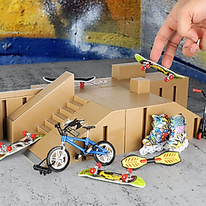 HOMETALL 8Pcs Fingerboard Skatepark Ramps with 9Pcs Mini Toys Set Including Fingerboards, Bike, Scooters, Skate Park for Kids Gift