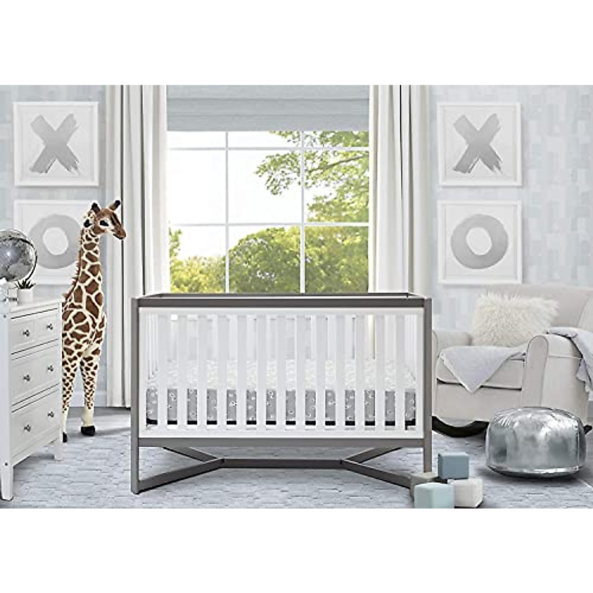 Delta Children Tribeca 4-in-1 Baby Convertible Crib + Serta Perfect Slumber Dual Sided Recycled Fiber Core Crib & Toddler Mattress - Waterproof - Hypoallergenic - GREENGUARD Gold Certified, Grey/White