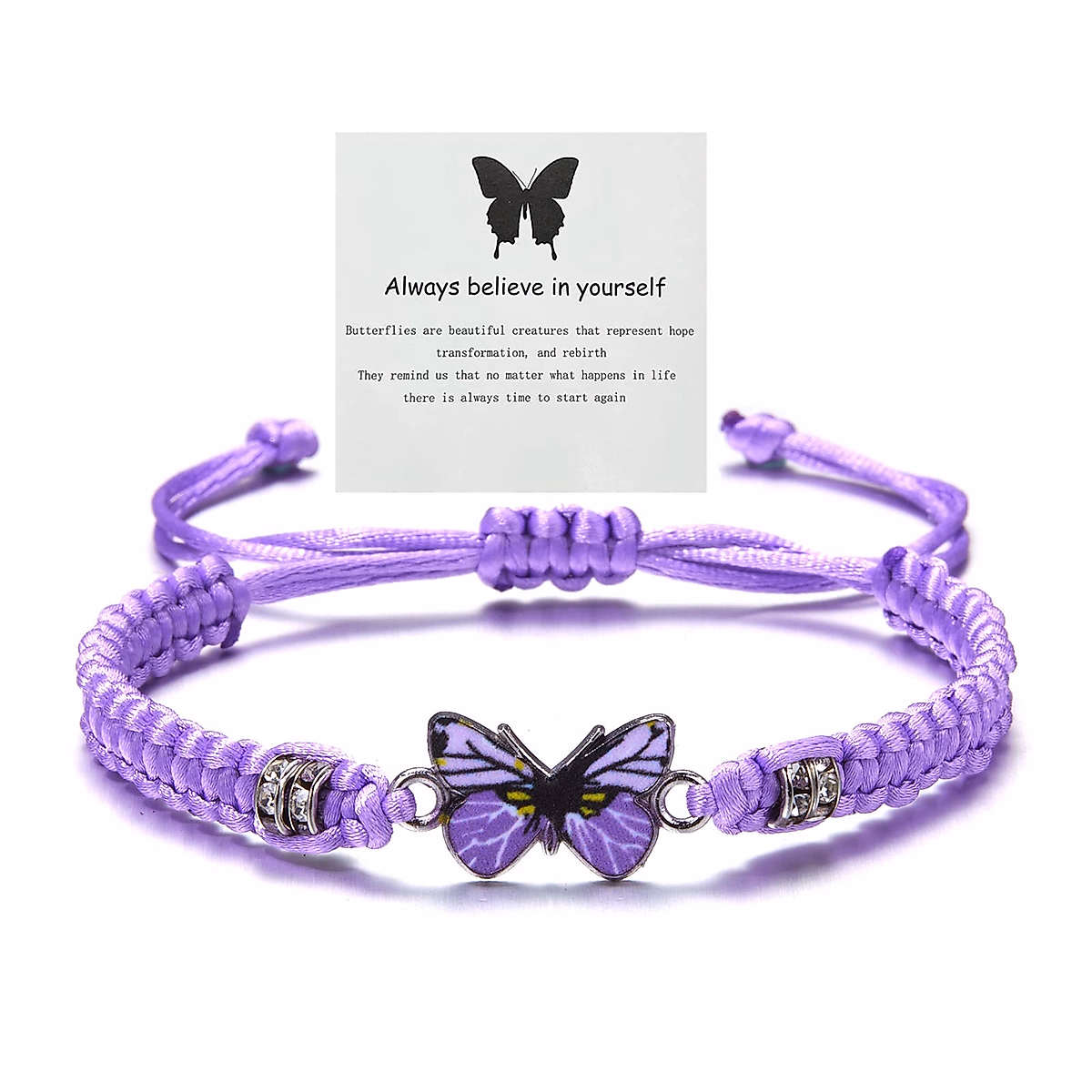 Meztole Always Believe in Yourself Butterfly Bracelet Adjustable String Butterfly Charm Purple Bracelets for Women,Hand Woven Lucky Bracelet Butterfly Jewelry Friendship Bracelet for Women (Purple)