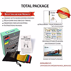 Limm Resistance Loop Exercise Bands - Set of 5 Stretch Bands for Working Out with Instruction Guide & Carry Bag - Elastic Band for Home Workout & Physical Therapy for Women and Men 12" x 2"